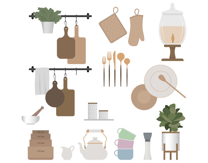 80+ Flat Vector Illustration - Kitchen Clip Art Set - Furniture ...