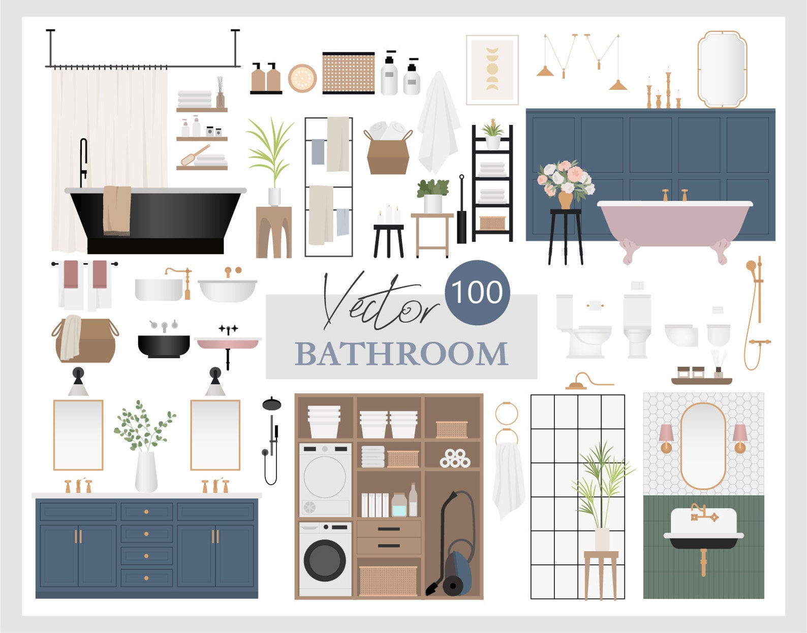 100 Flat Vector Illustration bathroom Clip Art Set Furniture Interior ...