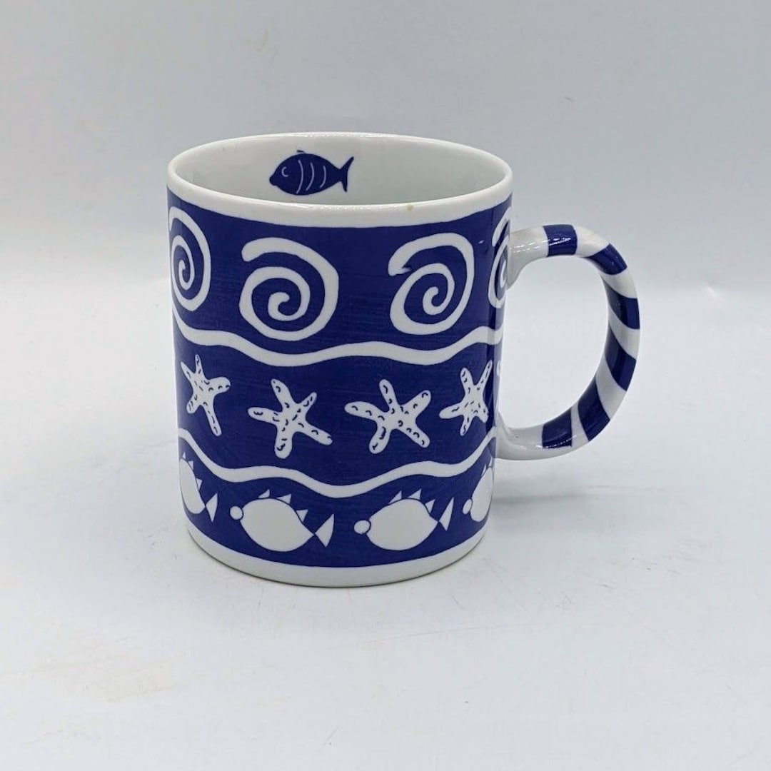 Crate & Barrel Coastal Fish 12oz Coffee Tea Mug Blue Nautical Beach ...