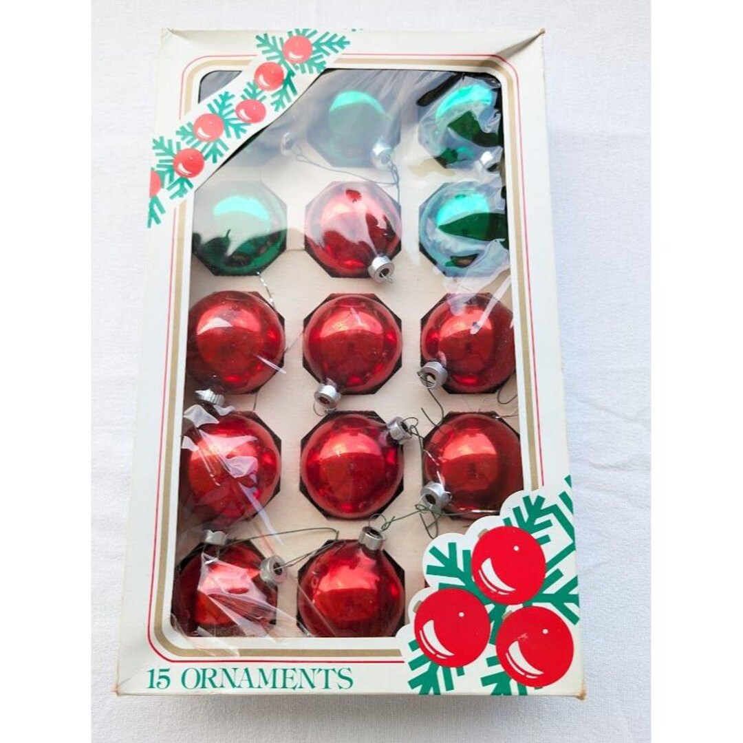 15 Vintage Rauch Shiny Red Green Glass Christmas Tree Ornaments Box USA ...