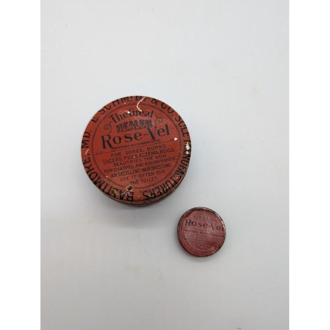 2 Vintage Antique Apothecary Rose-vel Medical Tin Advertising Sample ...
