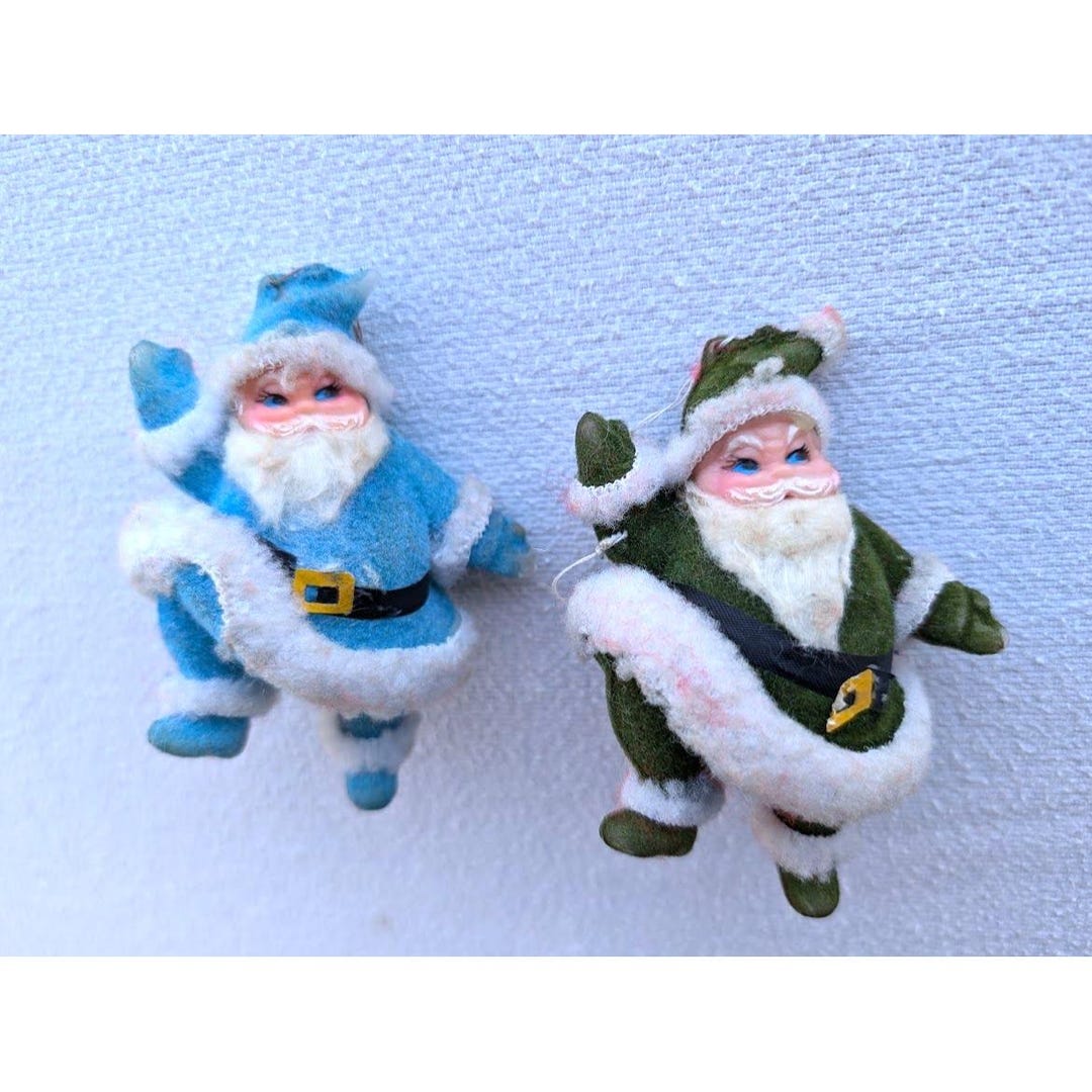 Vintage Flocked Dancing Santa Claus 4 Set of 2 Ornaments Plastic ...