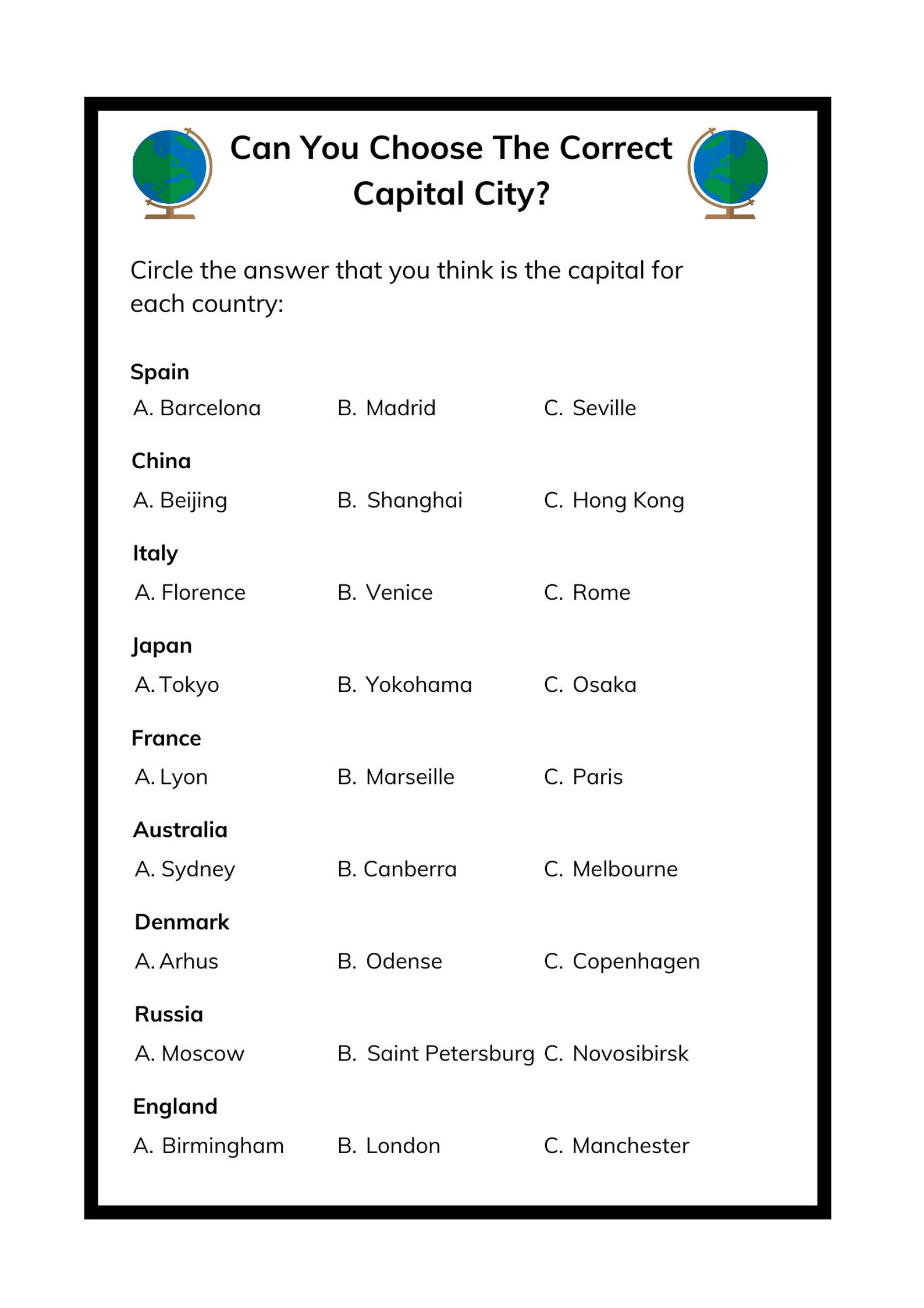 Capital Cities Worksheet Printable Geography Activity Quiz - Etsy New ...