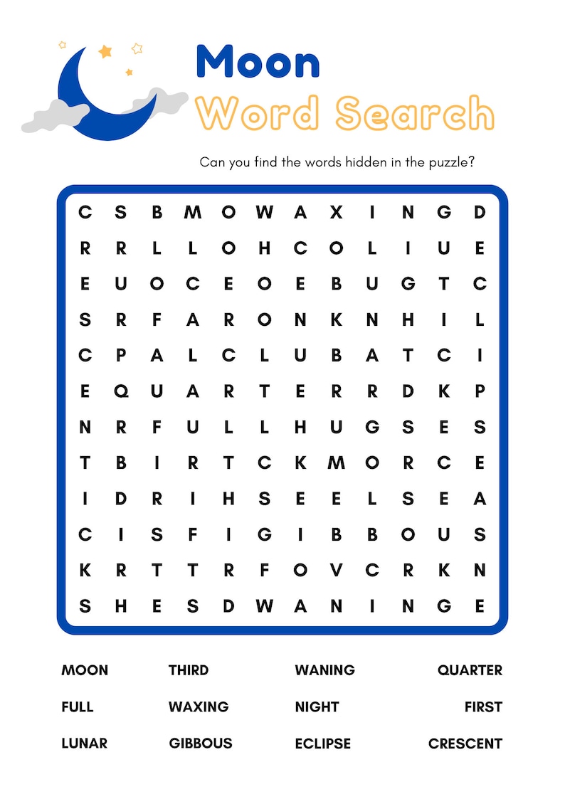 Printable Word Search for Kids Moon Word Search Kids Activity Moon ...