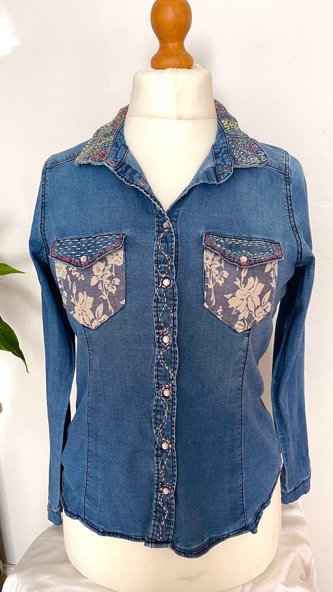 Upcycled Denim Shirt Embroidered With Sashiko Stitches Unique Item ...