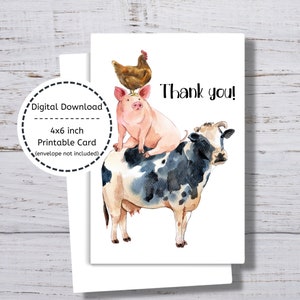 Farm Thank You Card, Printable Thank You Card, Cow Thank You Card, Pig ...