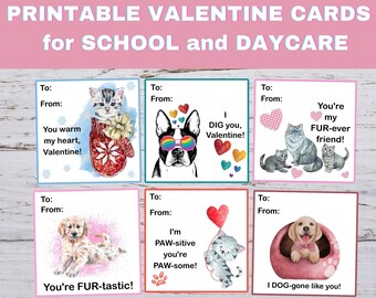 Dog Cat Valentine's Day Cards for School, Printable Valentine Cards ...