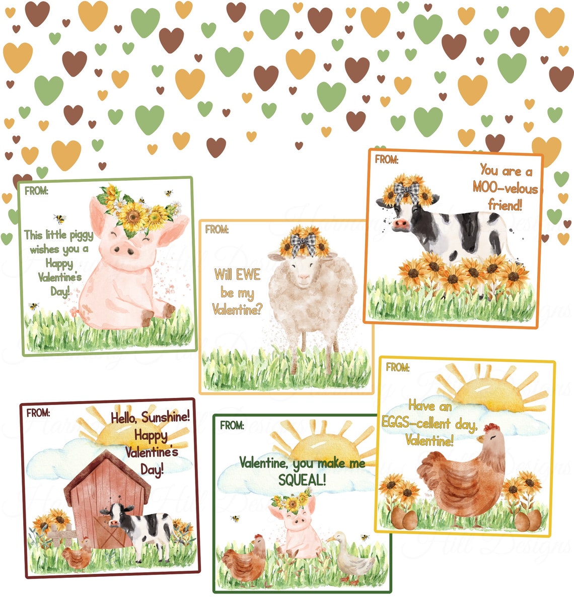 Farm Animals Valentine Cards, Printable Valentine Cards for School ...