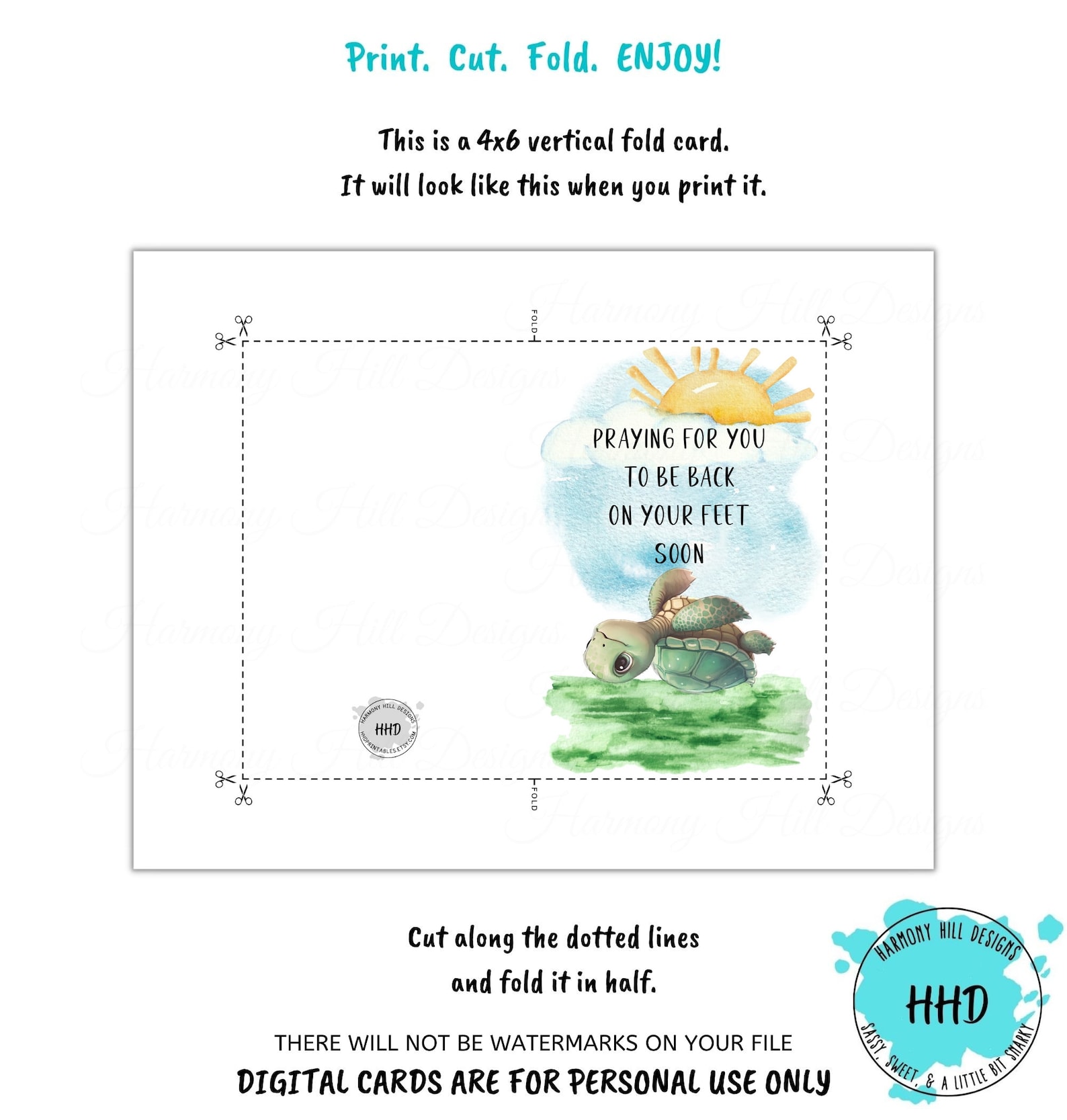 Get Well Card, Printable Feel Better Card, Turtle Get Well Card, Back ...