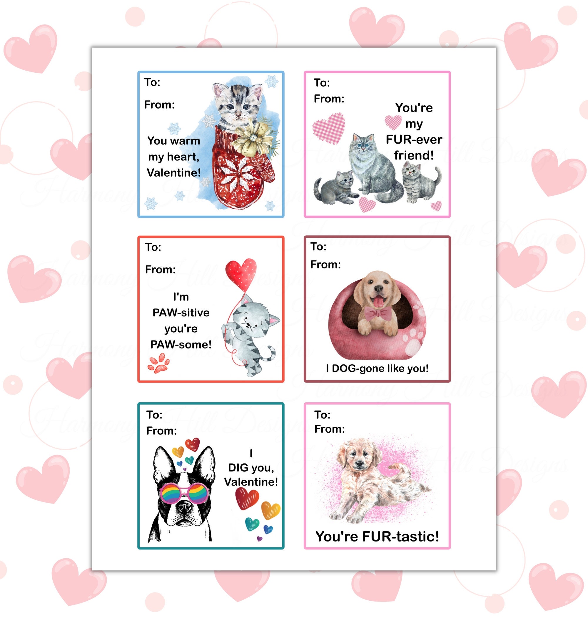 Dog Cat Valentine's Day Cards for School, Printable Valentine Cards for ...