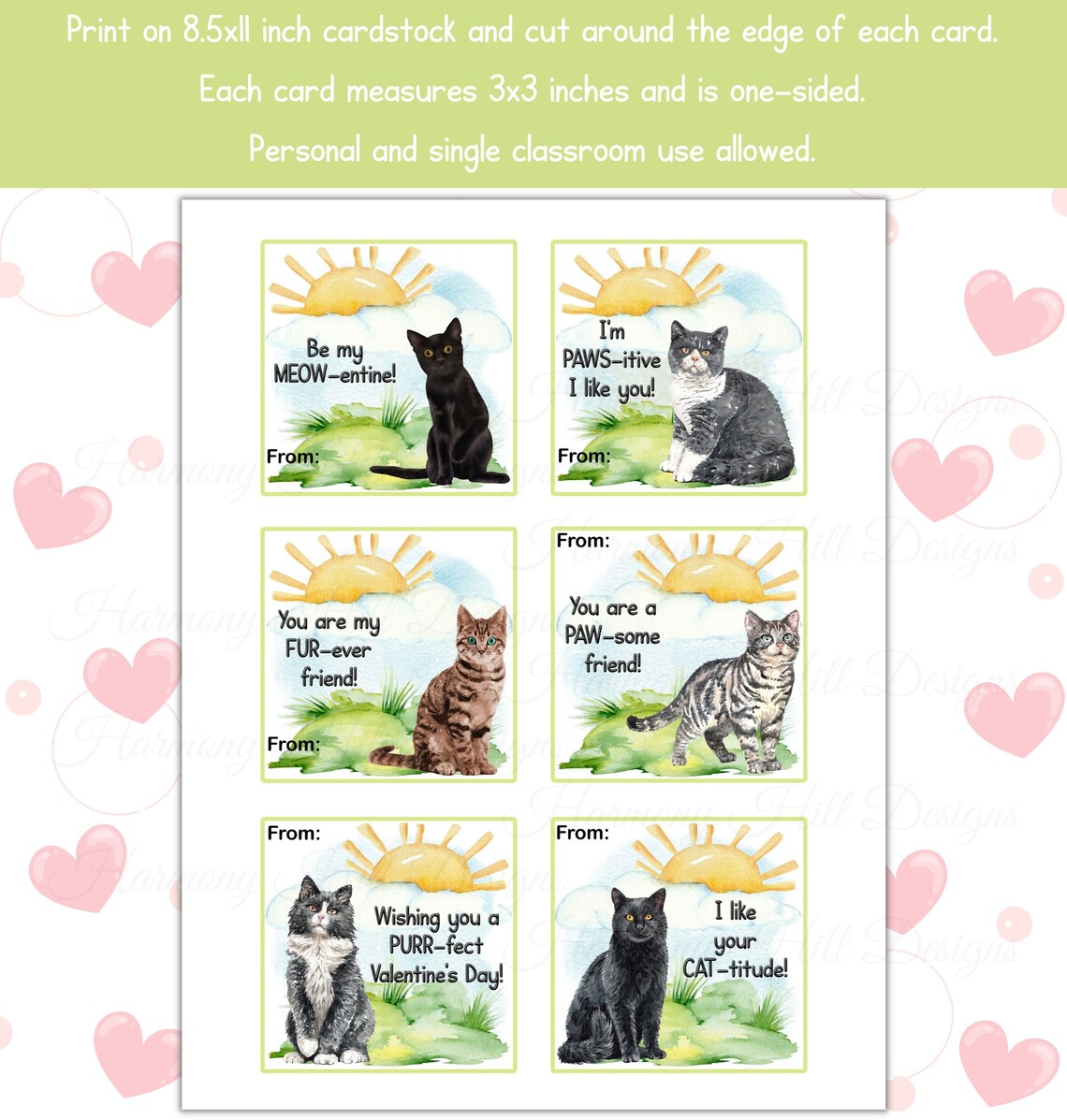 Printable Cat Valentines, Cat Valentine Cards for Kids, Printable ...