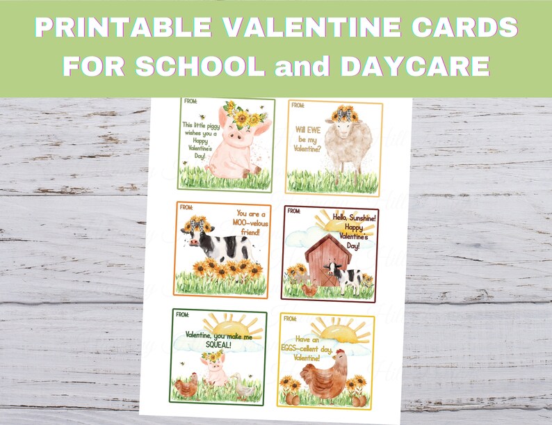 Farm Animals Valentine Cards, Printable Valentine Cards for School ...