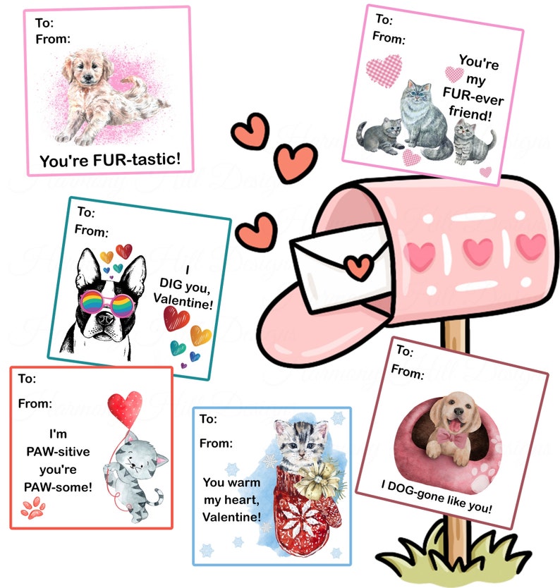 Dog Cat Valentine's Day Cards for School, Printable Valentine Cards for ...