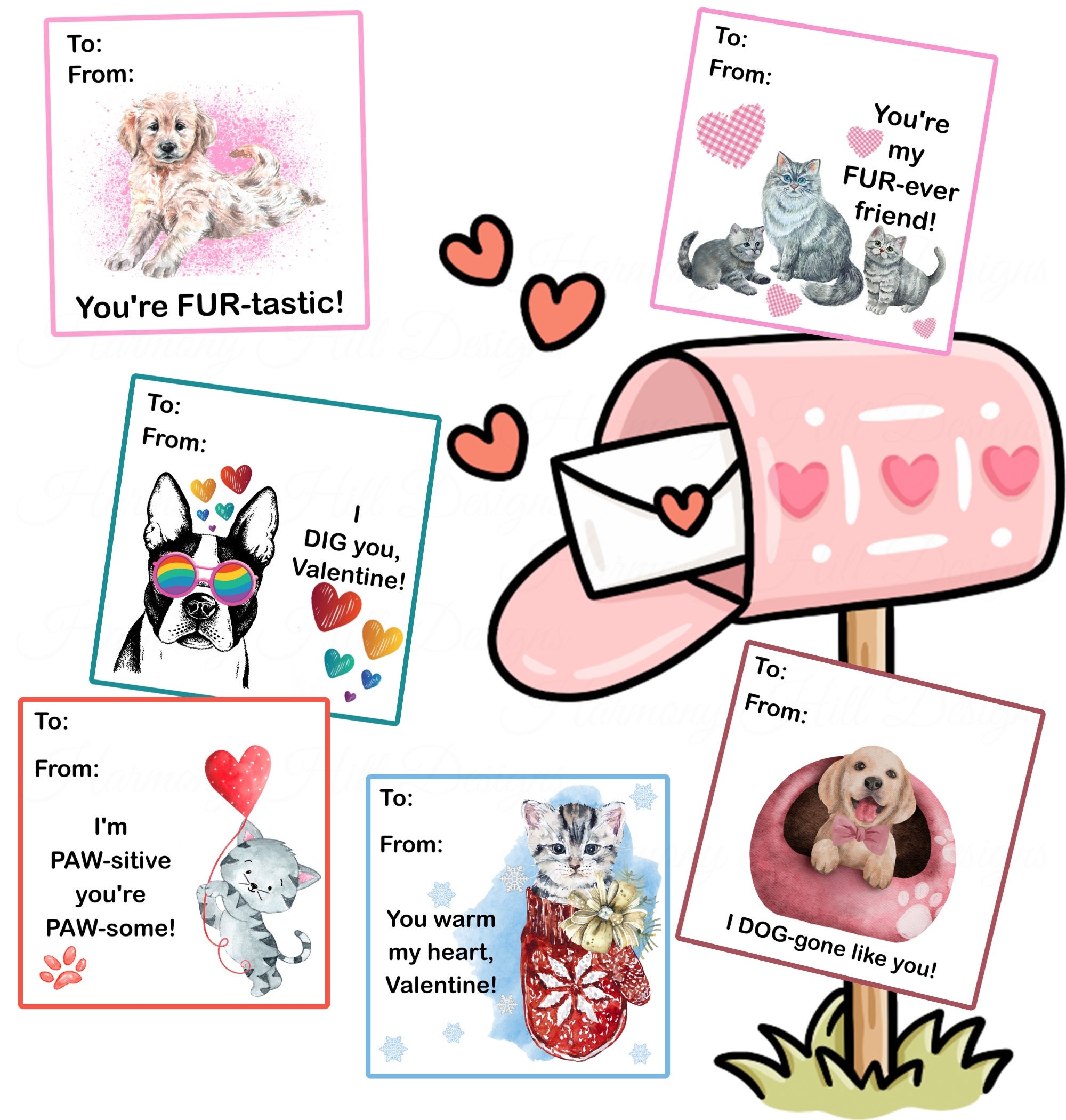Dog Cat Valentine's Day Cards for School, Printable Valentine Cards for ...