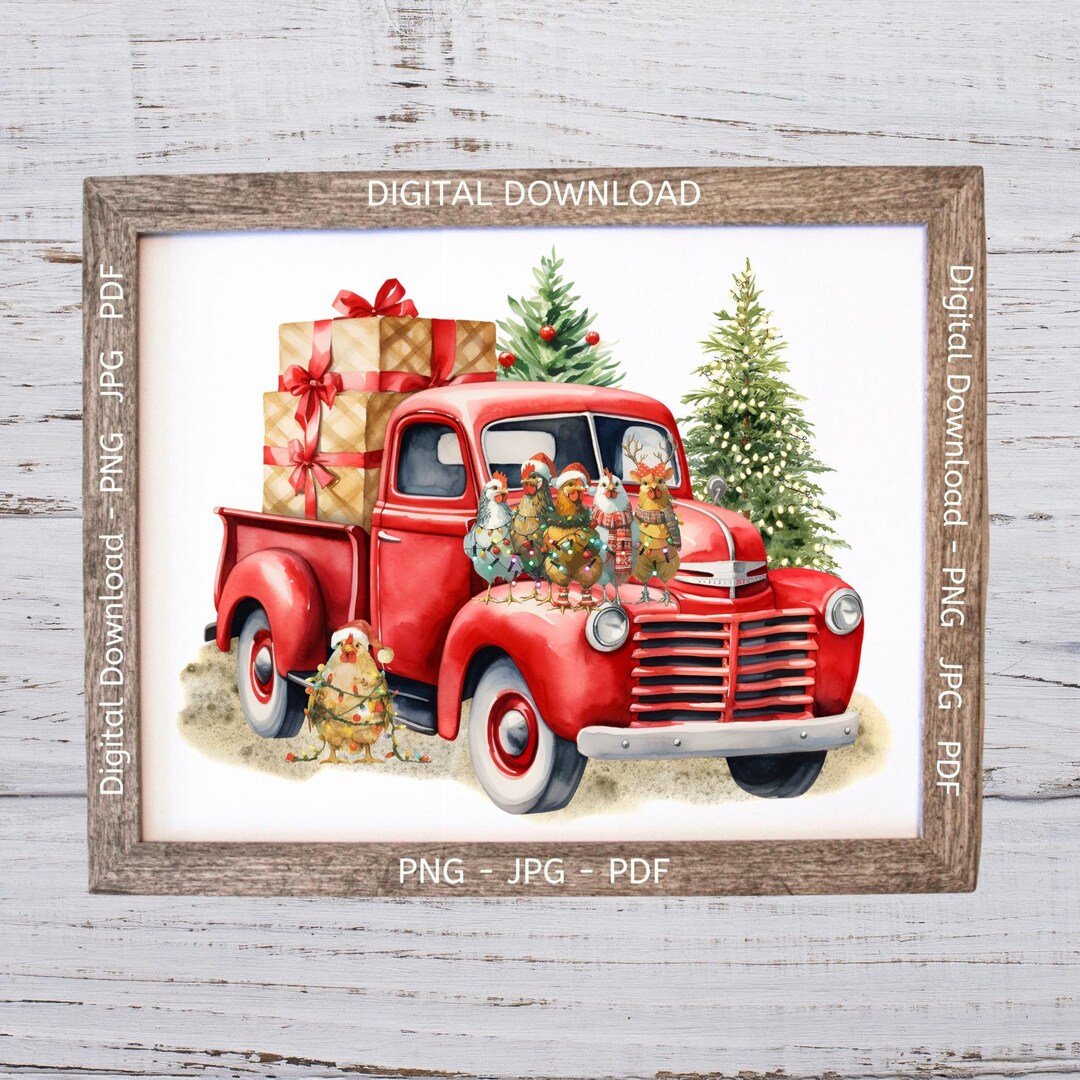 Christmas Truck Printable, Red Truck With Chickens, Farmhouse Art, Red ...