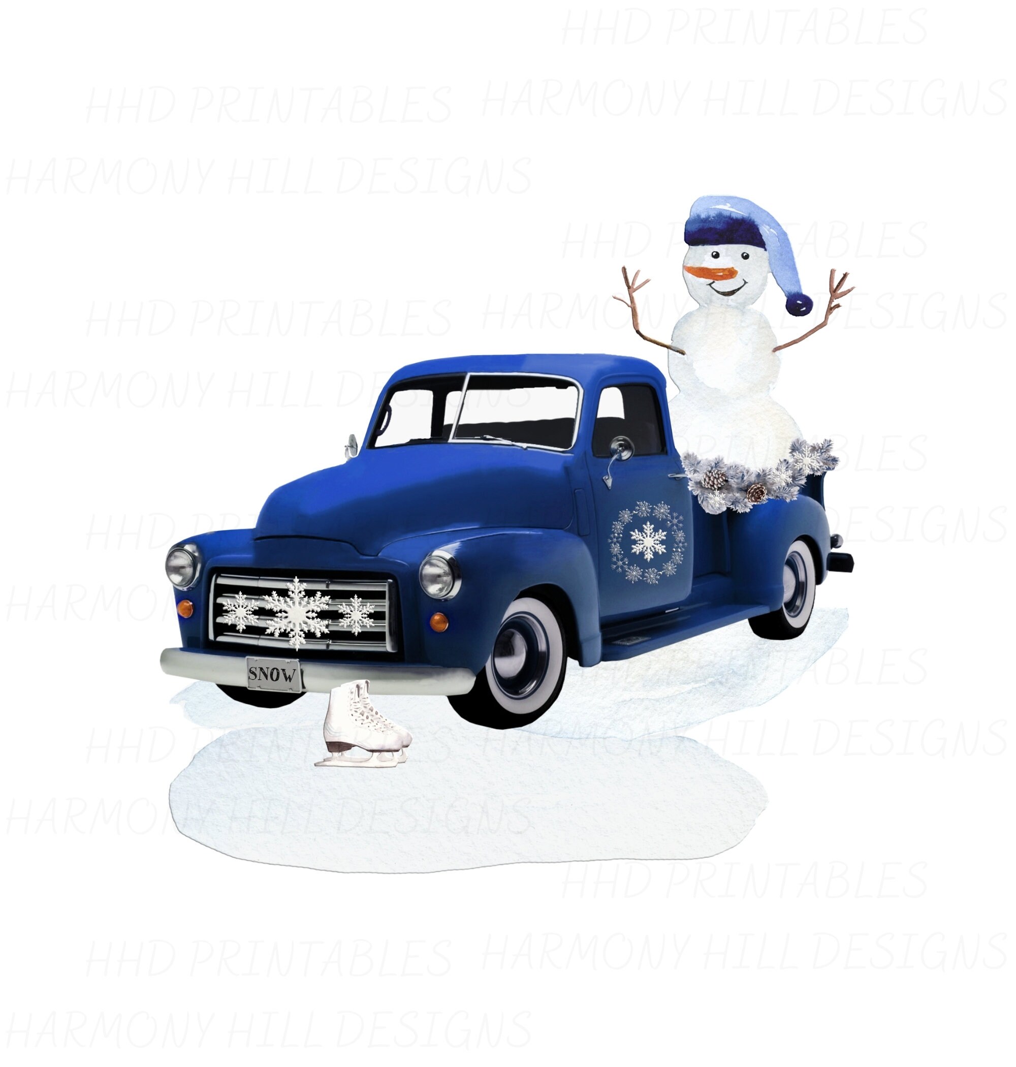 Winter Printable, Vintage Truck and Snowman Print, PNG, JPG ...