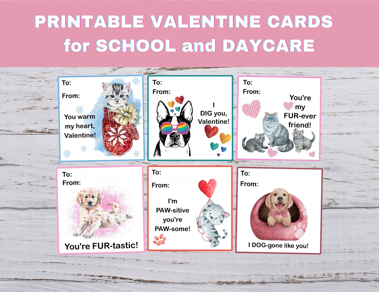 Dog Cat Valentine's Day Cards for School, Printable Valentine Cards for ...