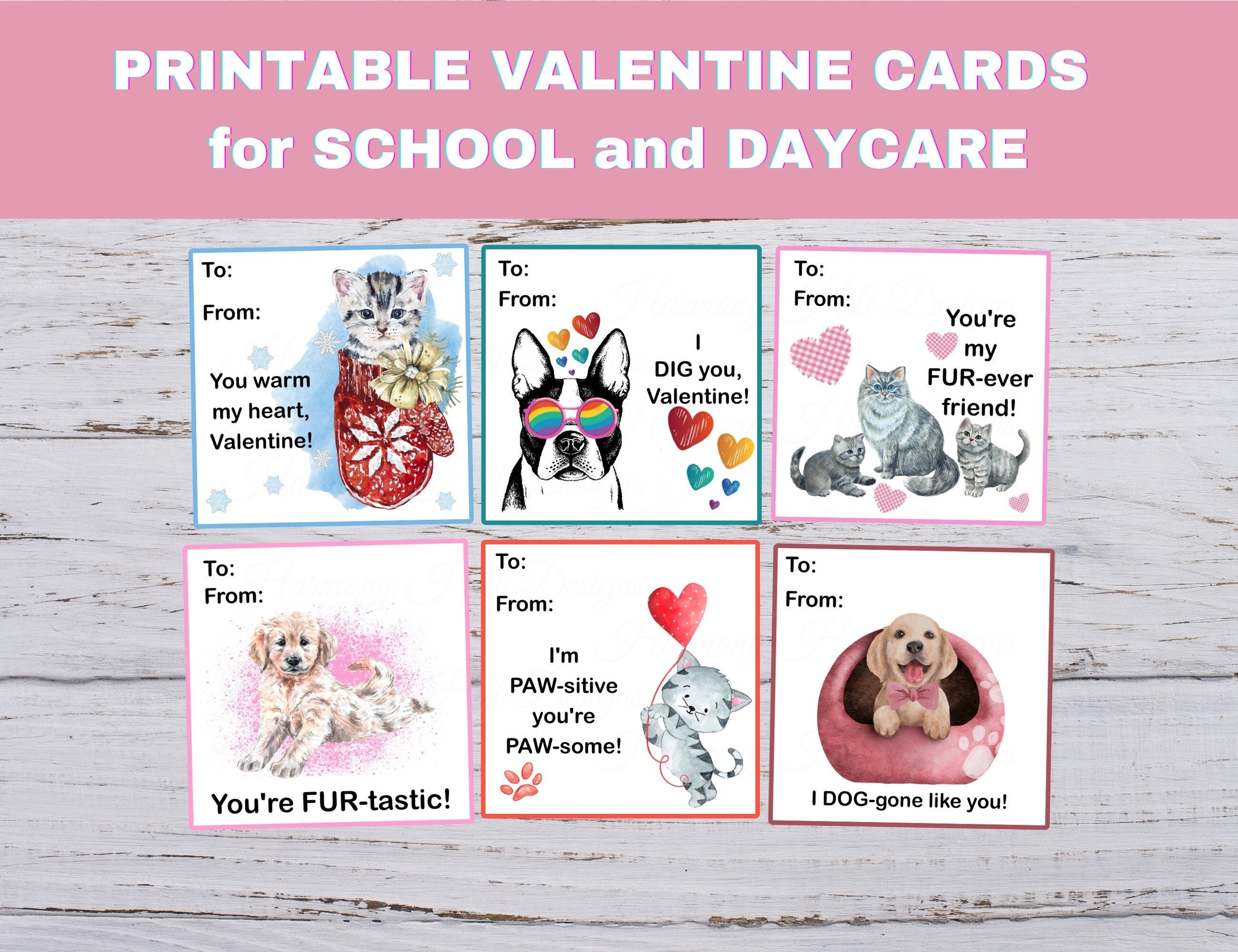 Dog Cat Valentine's Day Cards for School, Printable Valentine Cards for ...
