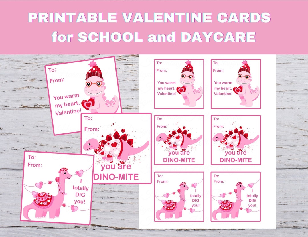Dinosaur Valentine's Day Cards for School, Printable Valentine Cards ...