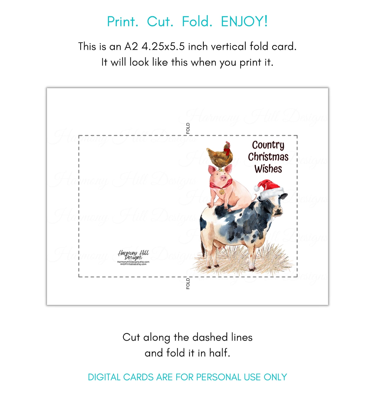 Country Christmas Card, Printable Christmas Card, Cow Pig and Chicken ...