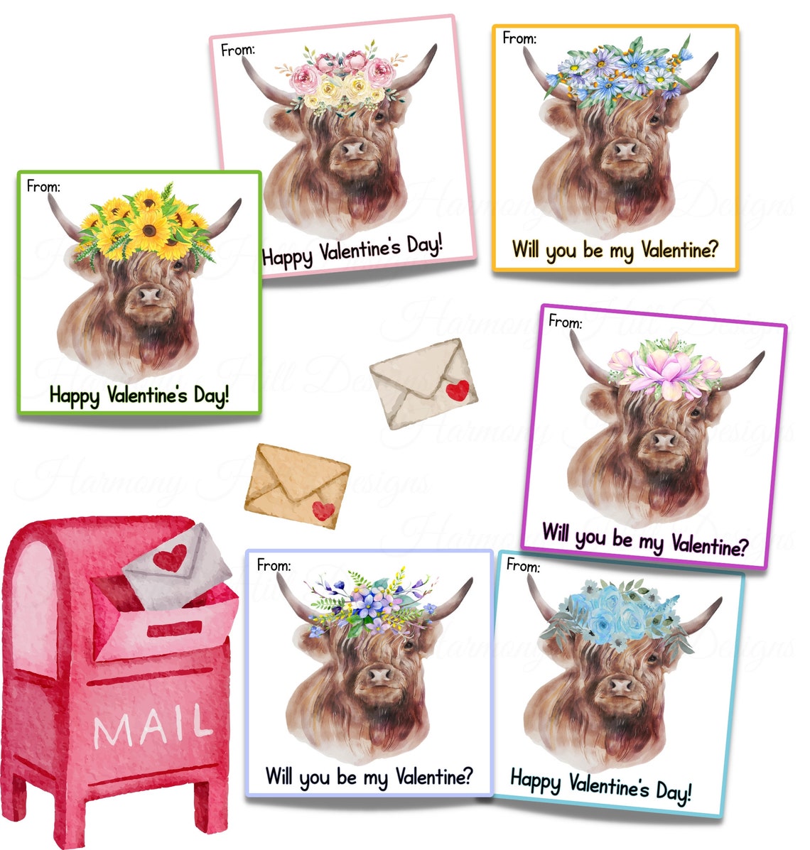 Highland Cow Valentine Cards, Printable Highland Cow Valentines ...