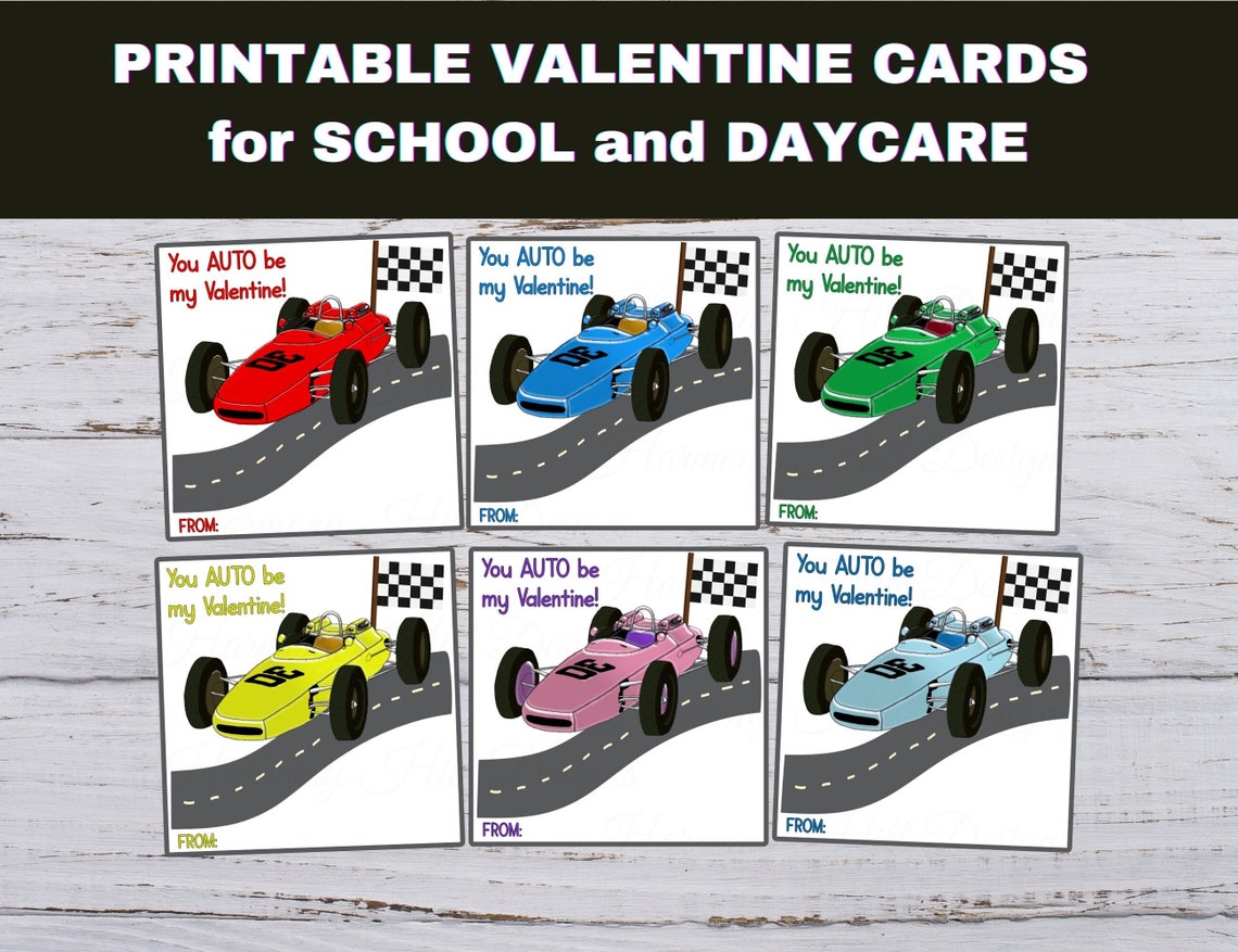 Race Car Valentines, Printable Valentine Cards for School, Classroom ...