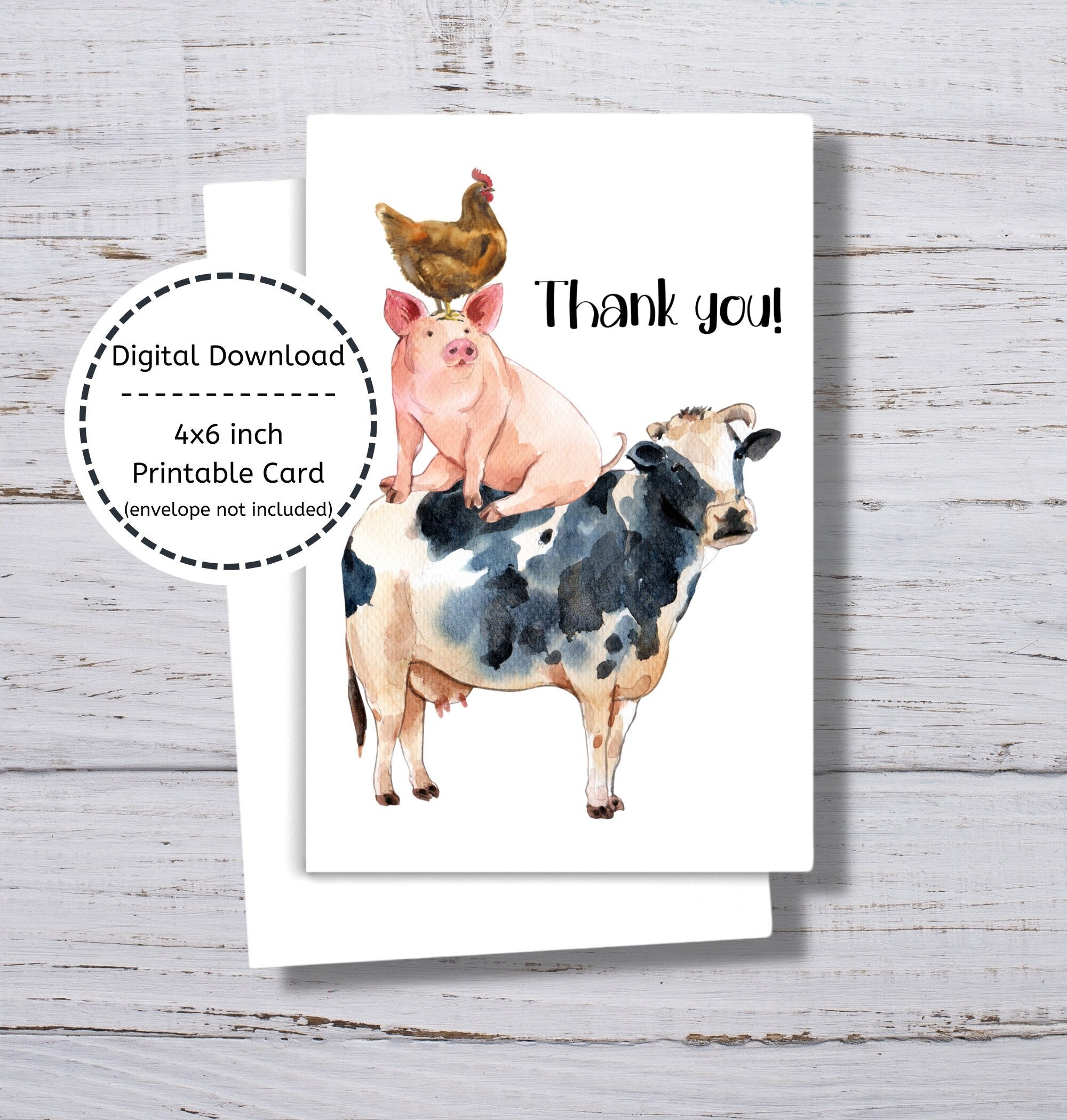 Farm Thank You Card, Printable Thank You Card, Cow Thank You Card, Pig ...