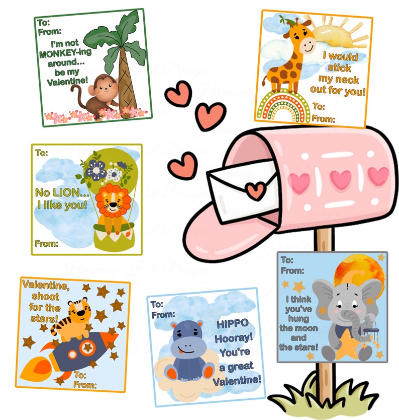 Jungle Valentine Cards, Kids Jungle Animals Valentines, Printable ...
