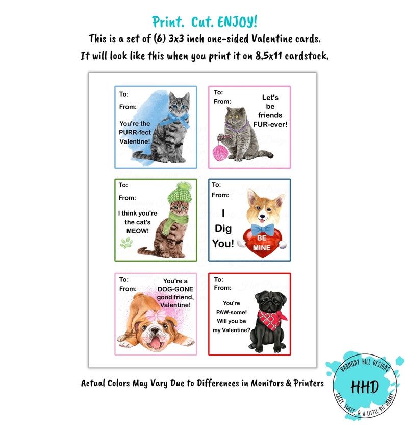 Dog Cat Valentine's Day Cards for School, Printable Valentine Cards ...