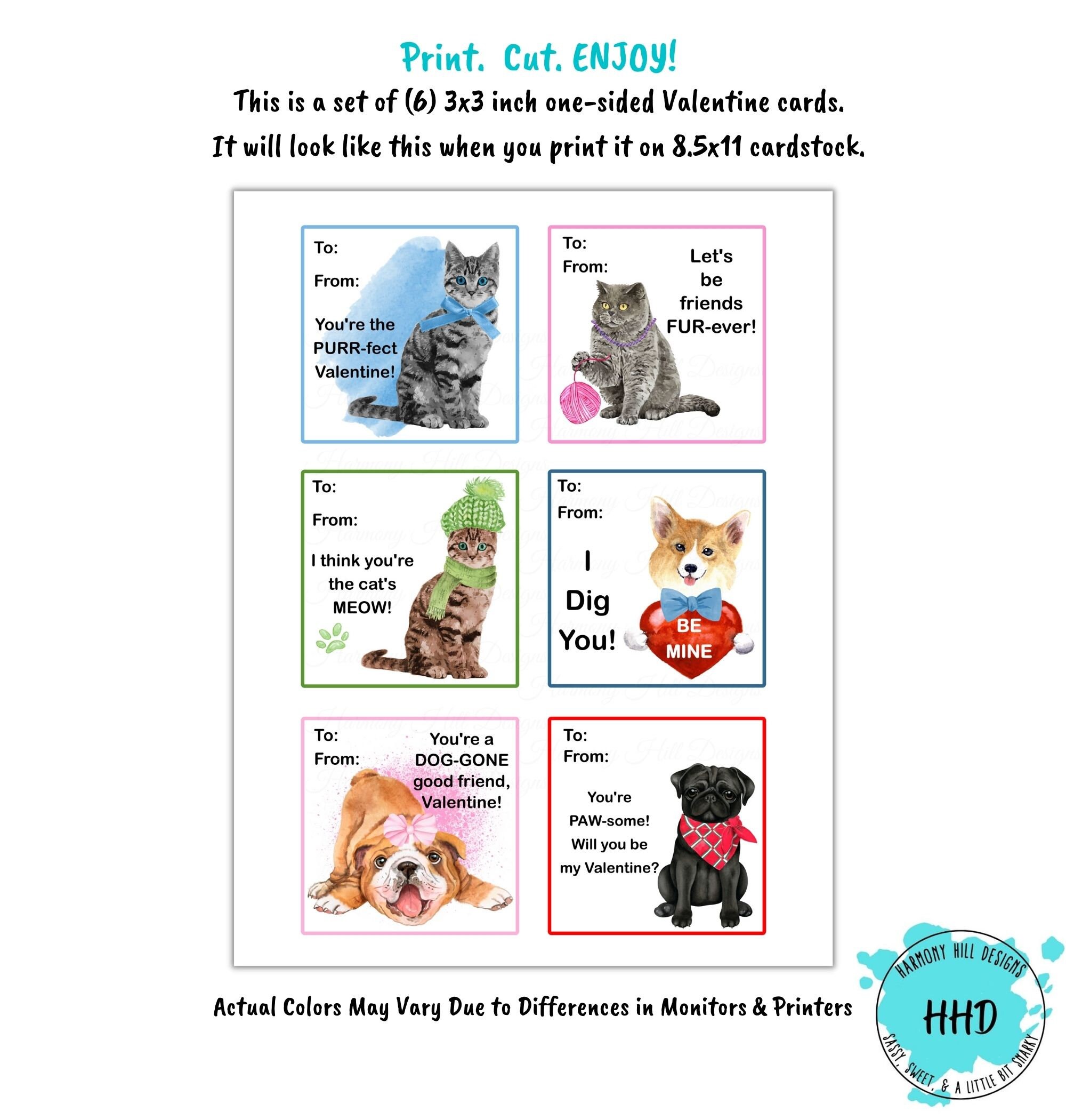 Dog Cat Valentine's Day Cards for School Printable - Etsy