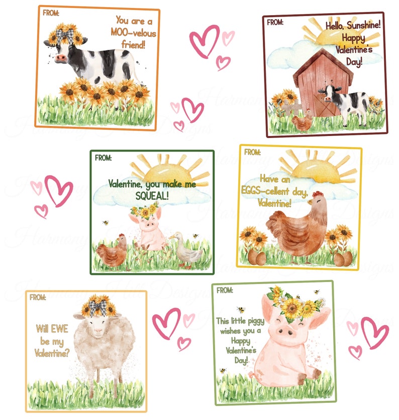Farm Animals Valentine Cards, Printable Valentine Cards for School ...