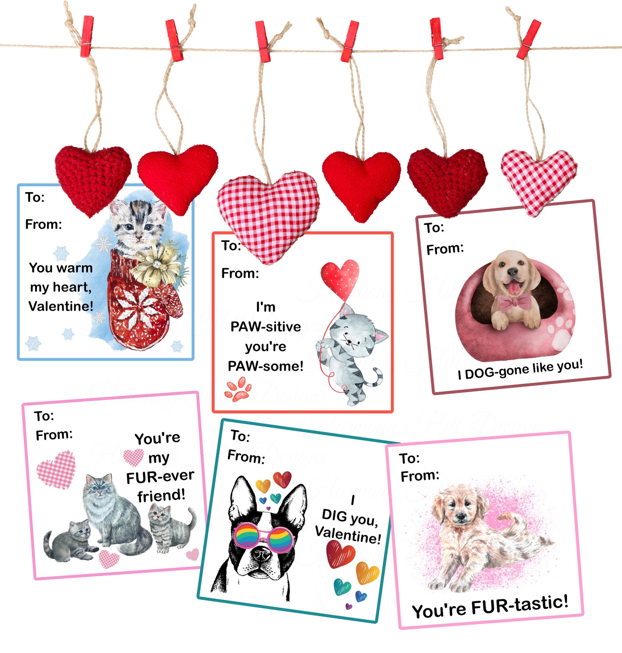 Dog Cat Valentine's Day Cards for School, Printable Valentine Cards for ...