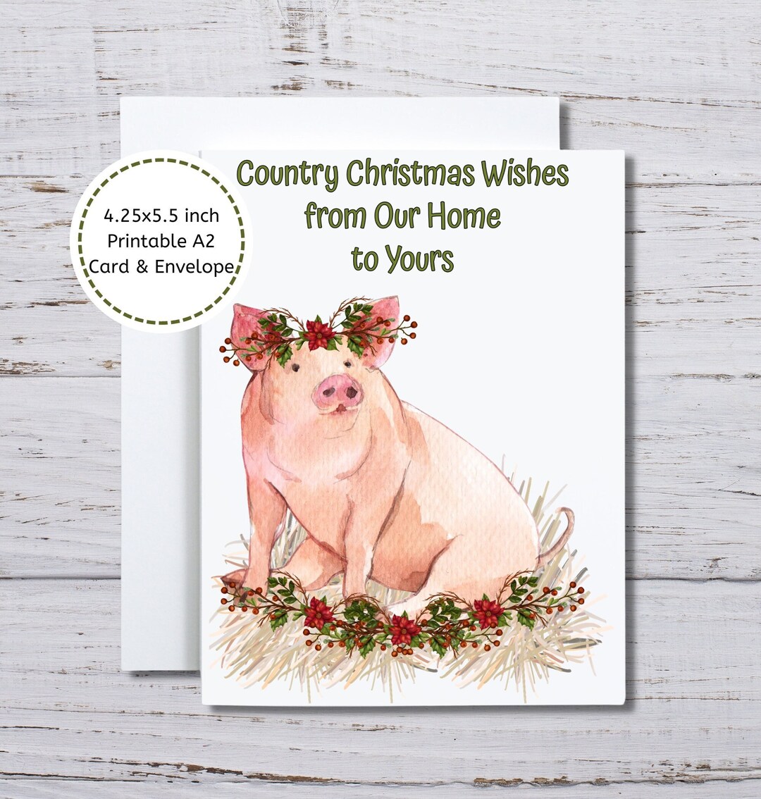 Pig Christmas Card, Printable Christmas Card, Pig Hostess Card, Farm ...
