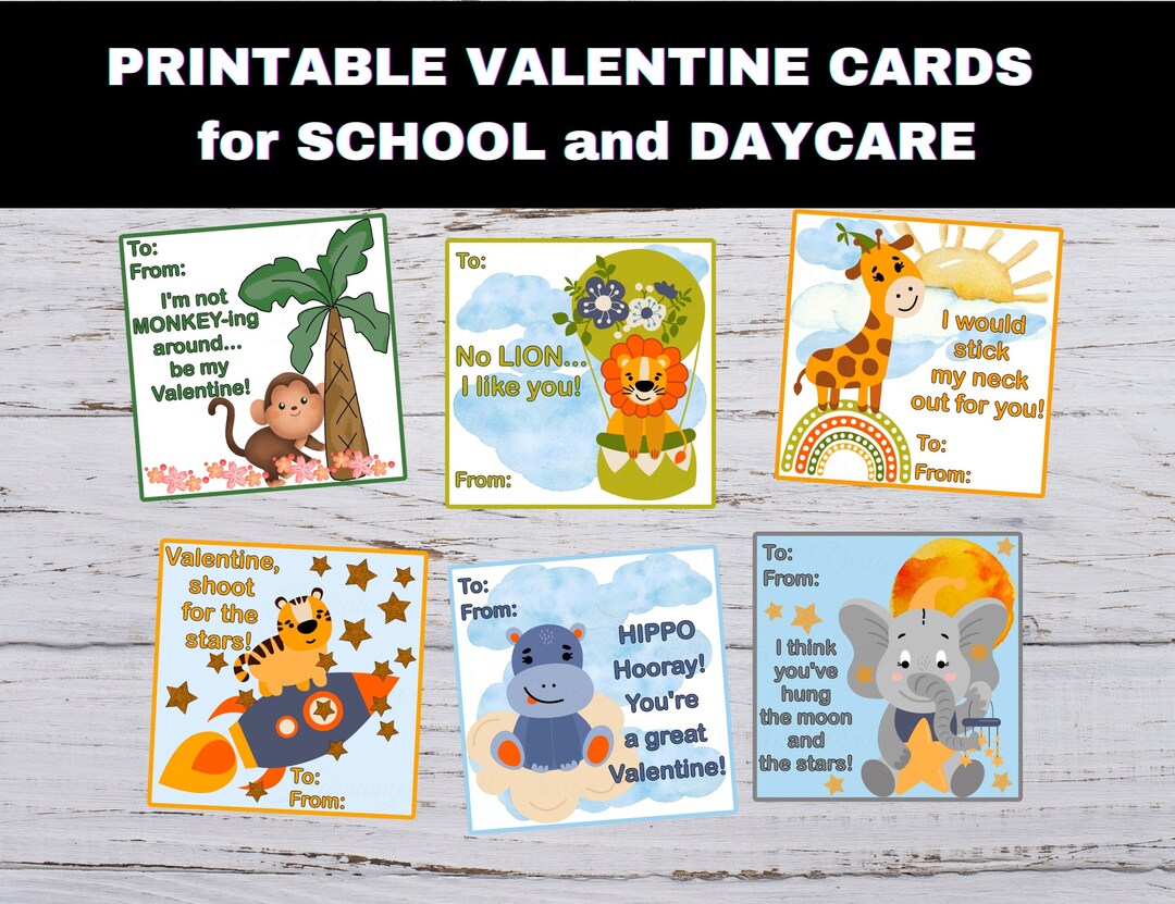 Jungle Valentine Cards, Kids Jungle Animals Valentines, Printable ...