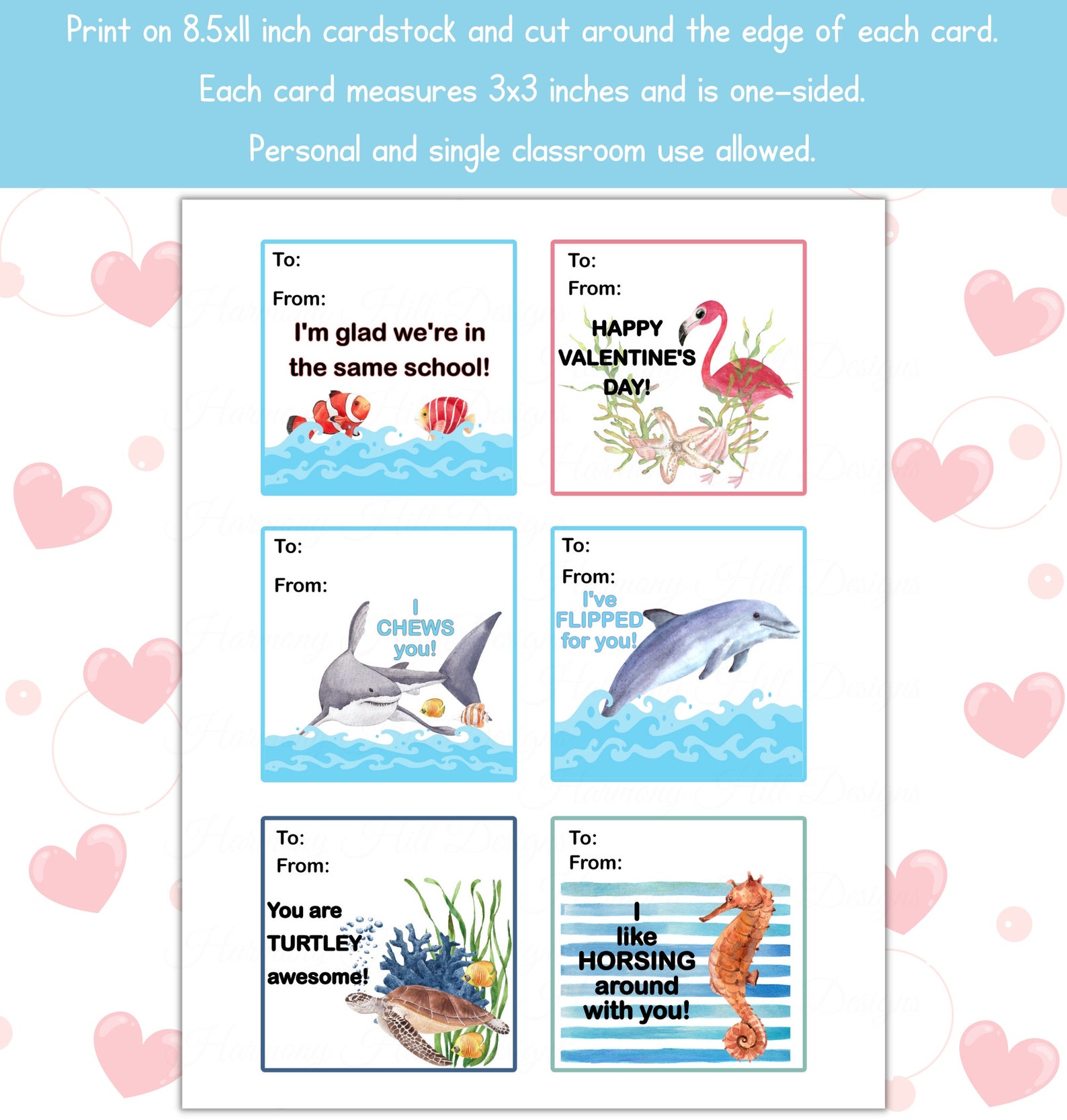 Ocean Valentine's Day Cards, Valentines for School, Printable Valentine ...