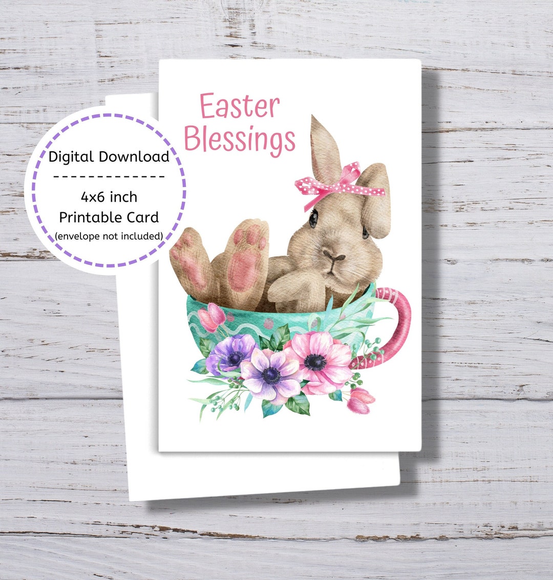 Easter Blessings Card, Printable Easter Card, Bunny in a Cup, Happy ...