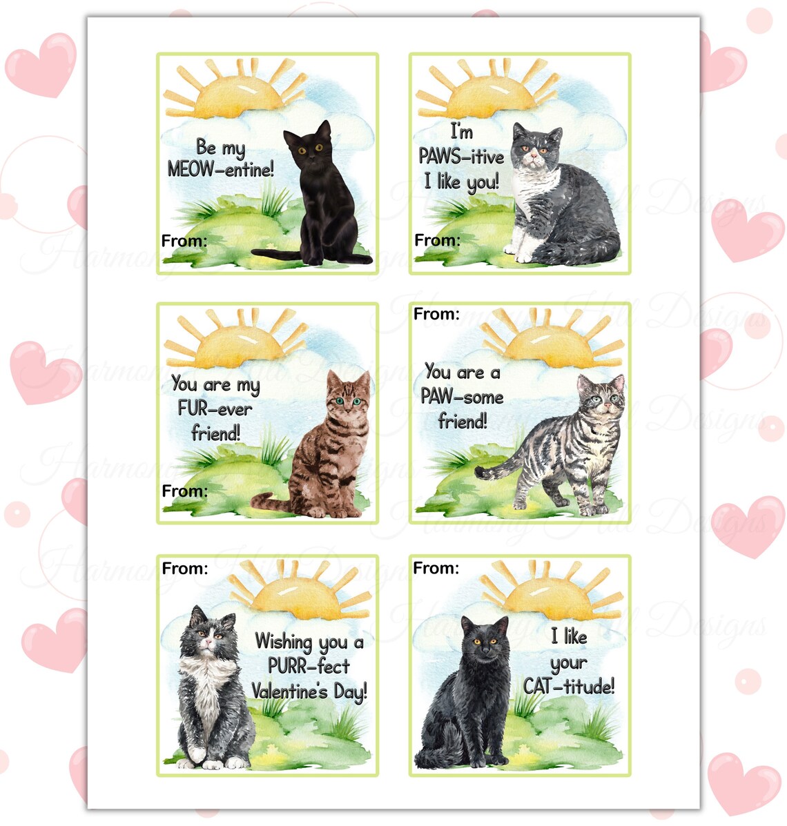 Printable Cat Valentines, Cat Valentine Cards for Kids, Printable ...