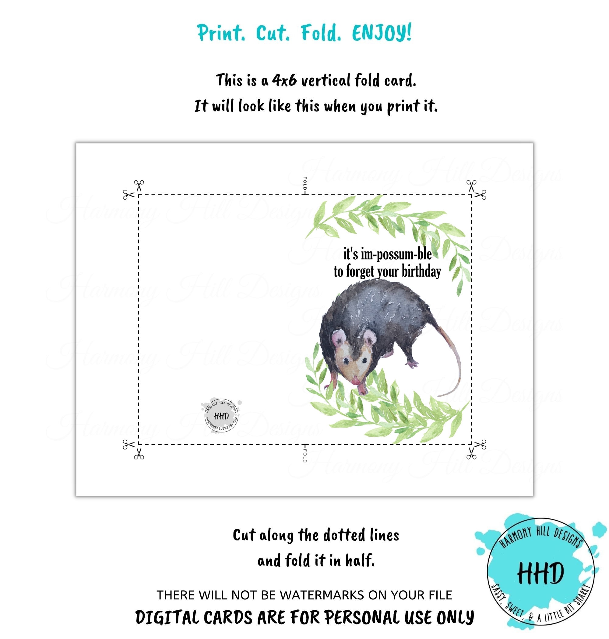Possum Birthday Card, Printable Possum Birthday Card, It's Im-possum-ble to Forget Your Birthday ...