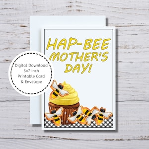 Bee Mother's Day Card, Printable Mothers Day Card, Hap-bee Mother's Day ...