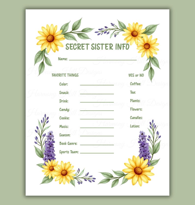 Secret Sister, Questionnaire, Printable Info Sheet, Gift Exchange ...