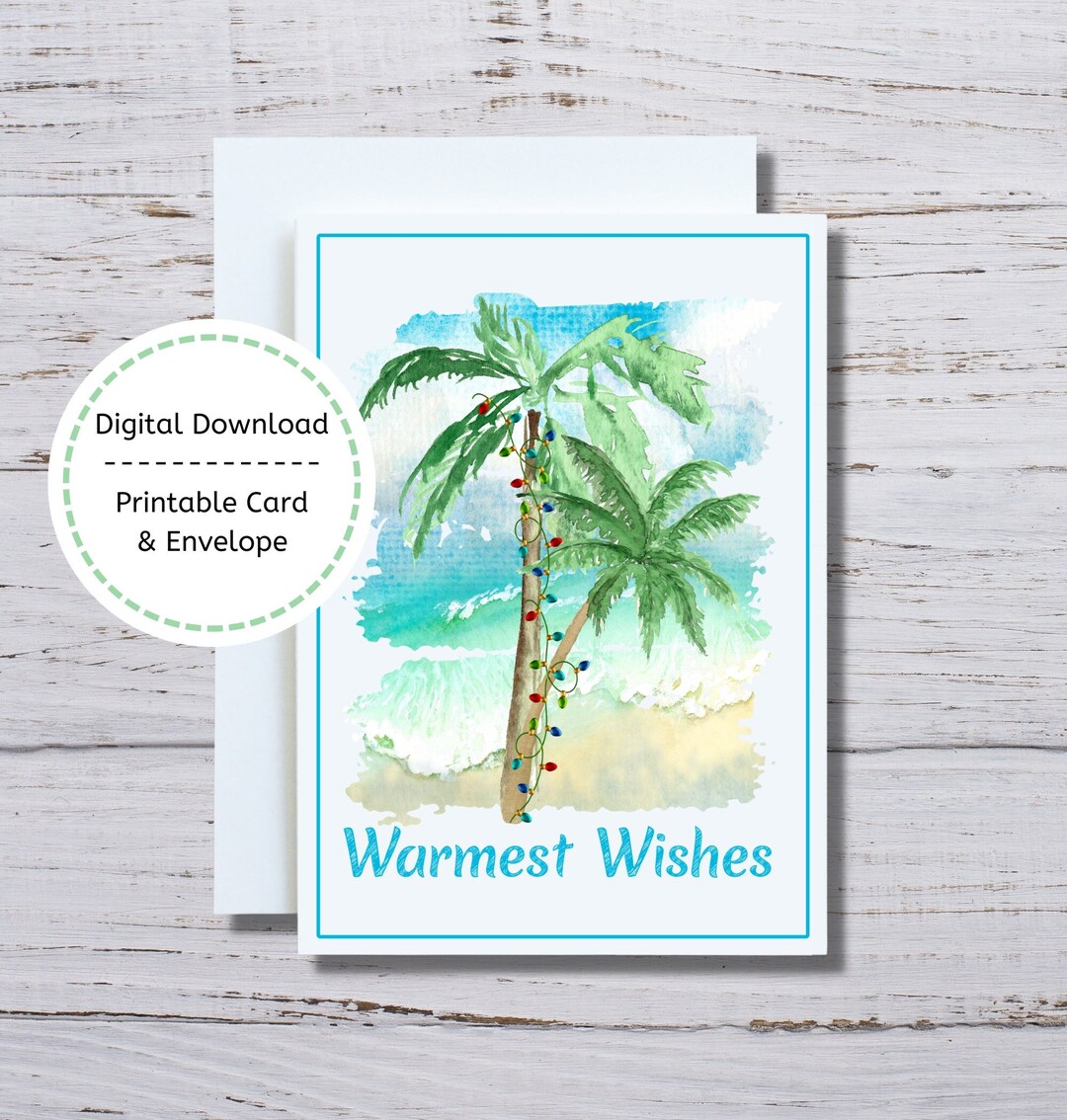 Beach Christmas Card, Beach Palm Trees Printable Card, Palm Trees With ...