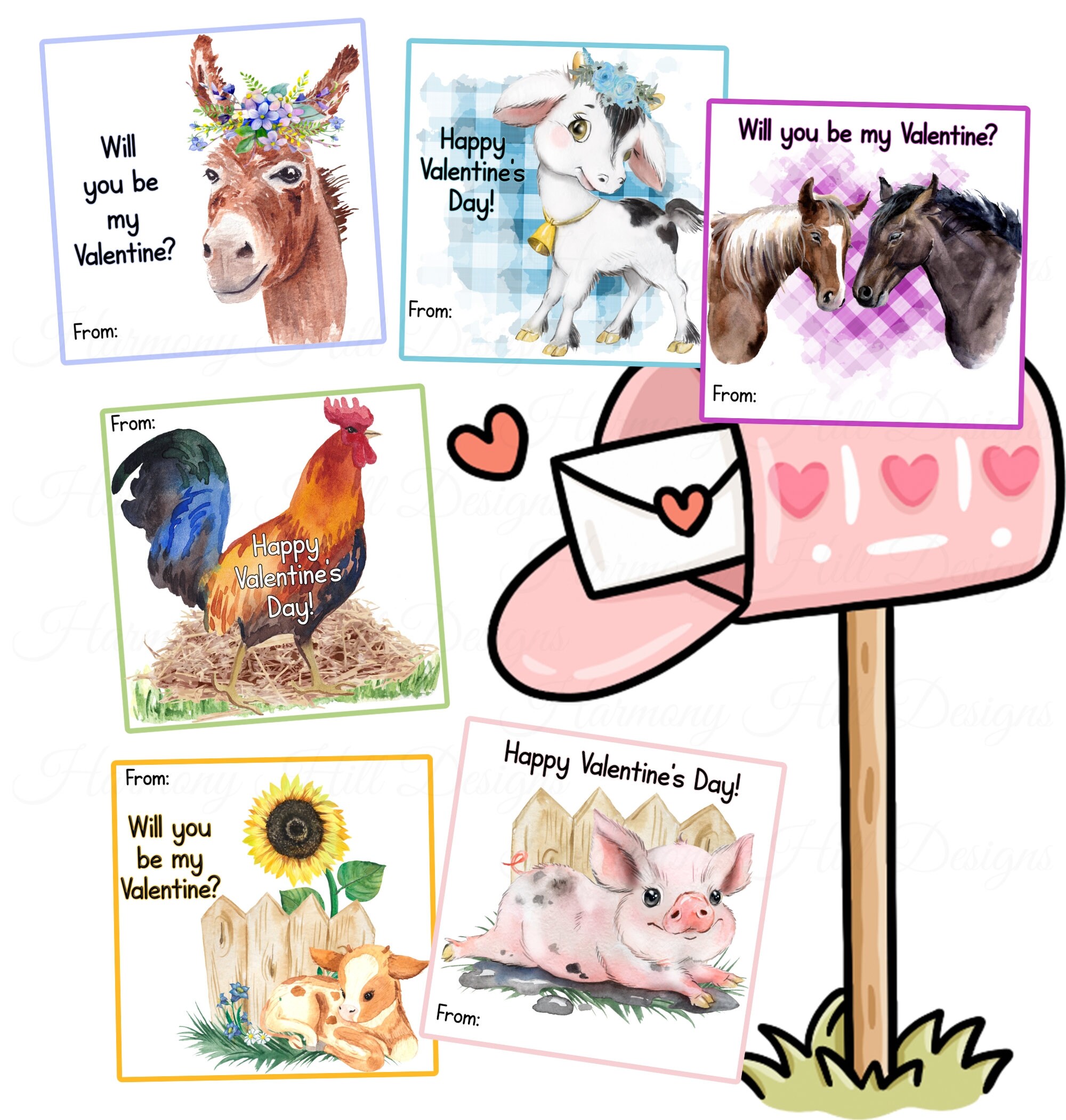 Farm Animal Valentine Cards, Printable Farm Animal Valentines ...