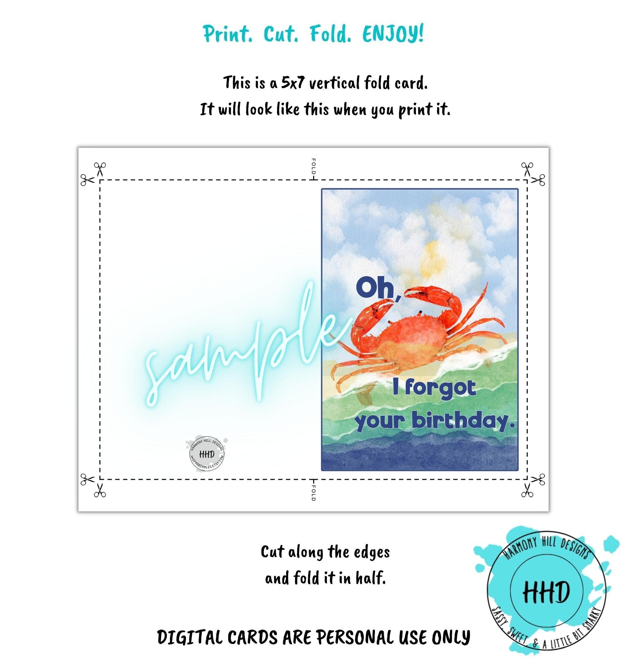 Belated Birthday Card, Printable Forgot Your Birthday Card, Oh Crab I ...