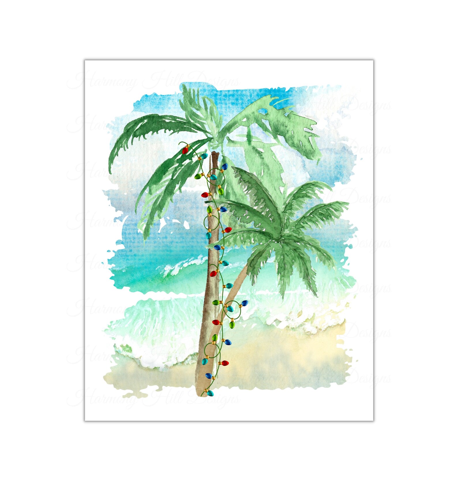 Christmas Palm Trees Print, Palm Trees With Christmas Lights, Beach ...