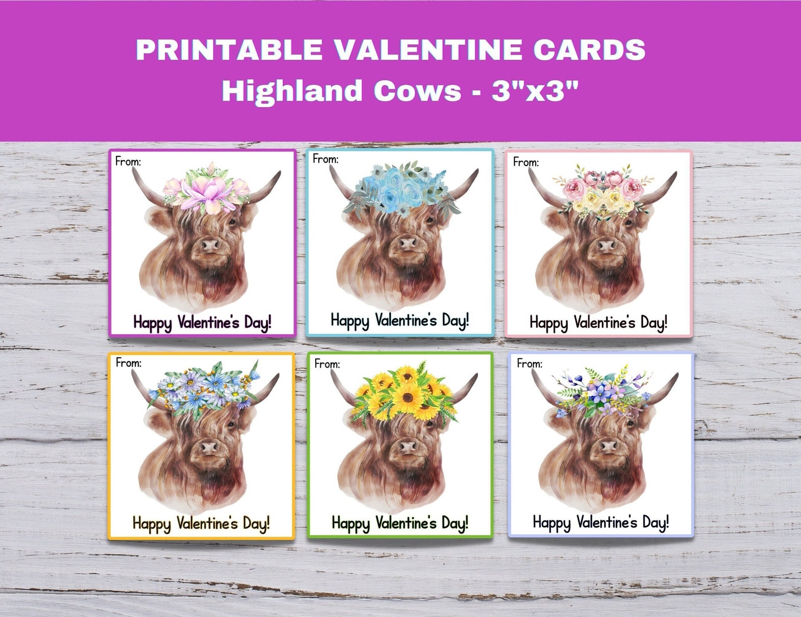 Highland Cow Valentine Cards, Printable Valentine Cards, Valentine ...
