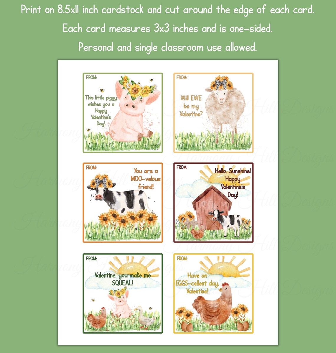 Farm Animals Valentine Cards, Printable Valentine Cards for School ...