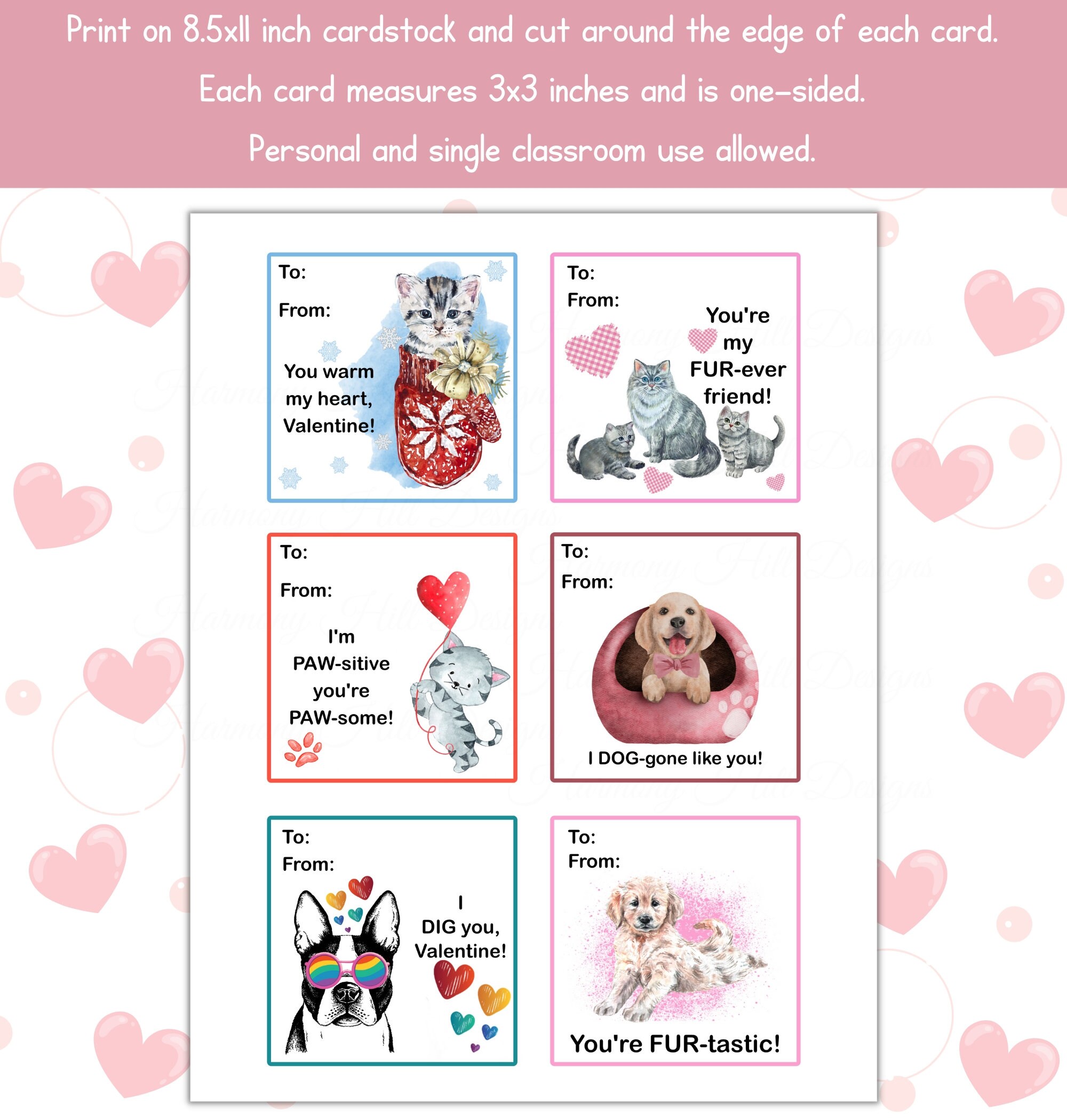 Dog Cat Valentine's Day Cards for School, Printable Valentine Cards for ...