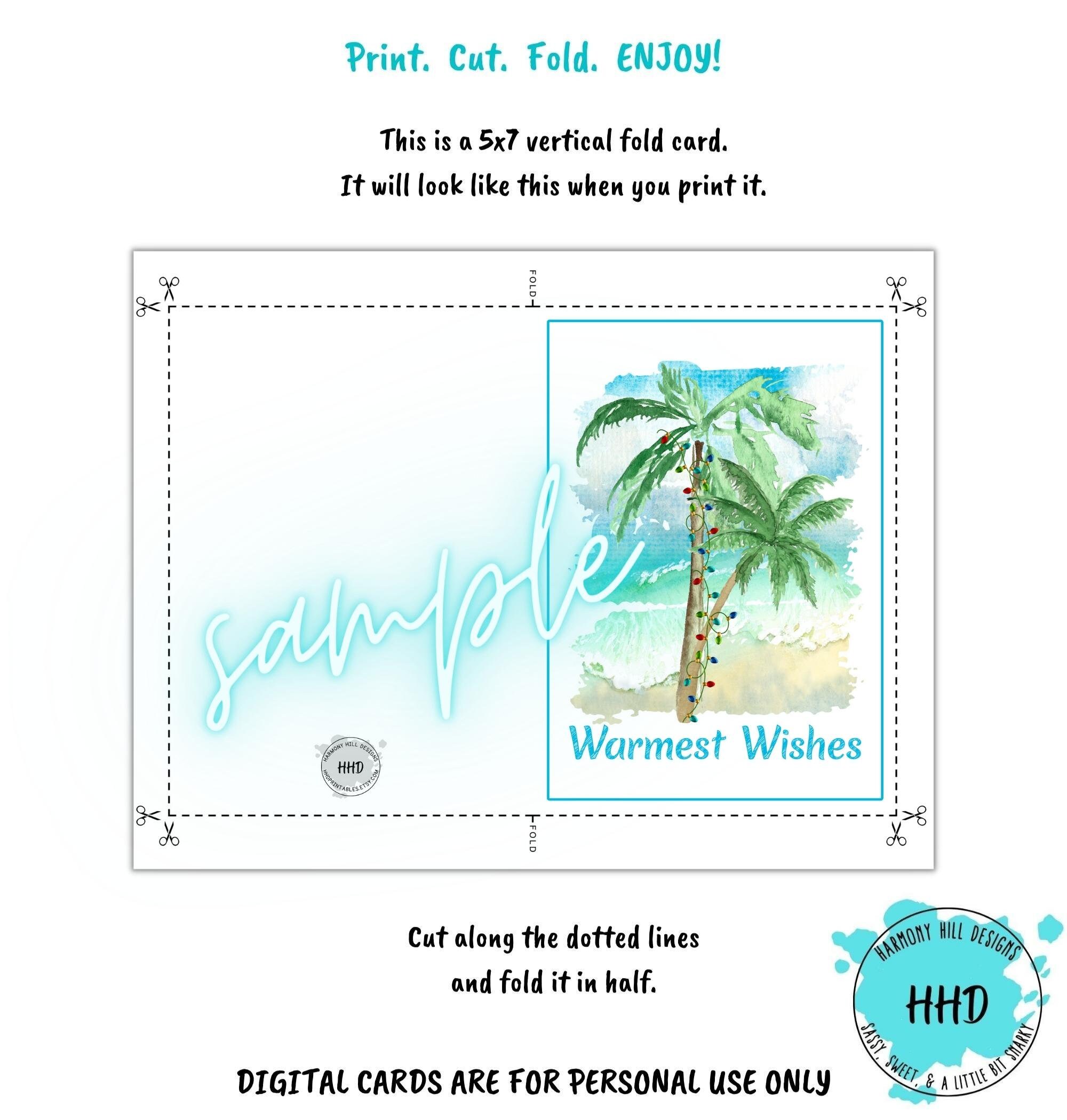 Beach Christmas Card, Beach Palm Trees Printable Card, Palm Trees With ...