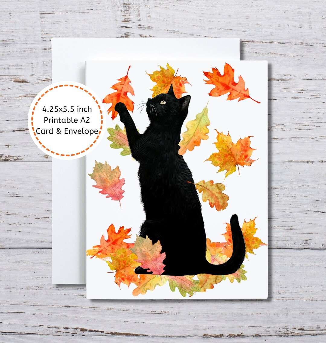 Black Cat Fall Leaves Card, Black Cat Printable Card, Cat in Fall ...