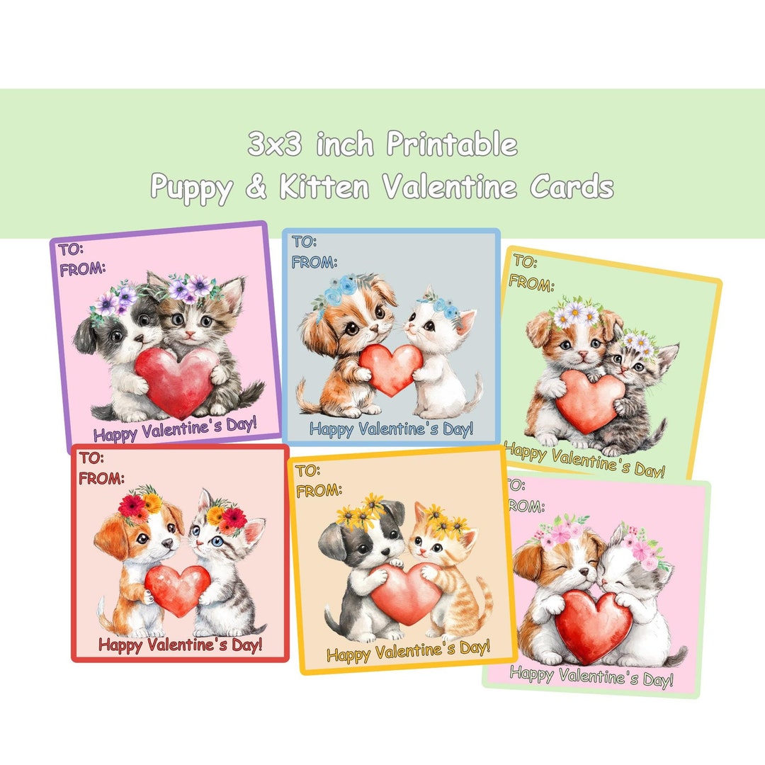 Puppy Kitten Valentine Cards, Printable Dog Cat Cards, Printable ...